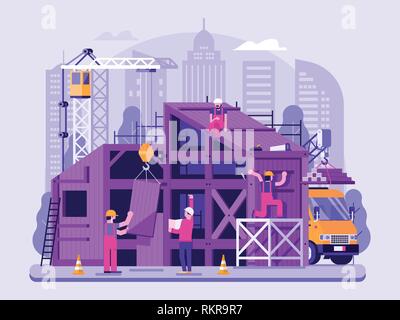 Wooden eco house construction process. Vector flat cartoon illustration ...