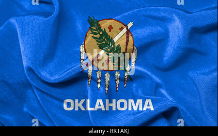Realistic flag State of Oklahoma on the wavy surface of fabric. Perfect ...