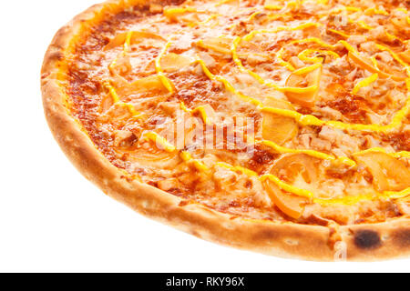 Part of delicious classic italian Pizza Four seasons with spicy chicken ...