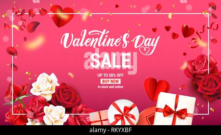 Valentine sale banner design. 3D Velentine heart, valentine day ...