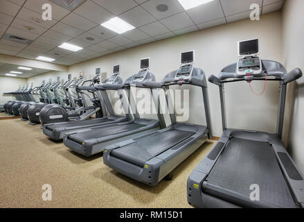 Treadmills inside a sports center in upper floors. 3D illustration ...