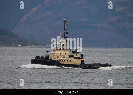 Ayton Cross, a Svitzer tug based on the Firth of Clyde, passing East ...