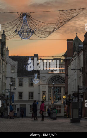 Christmas lights illuminate St John Street at dusk in Perth, Scotland ...