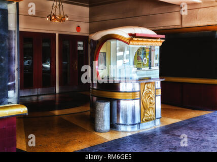 Art Deco entrance and ticket booth detail of the Wiltern (Theater), Los ...