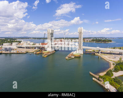 Aerial view of Weymouth Fore River and Fore River Bridge in Quincy ...
