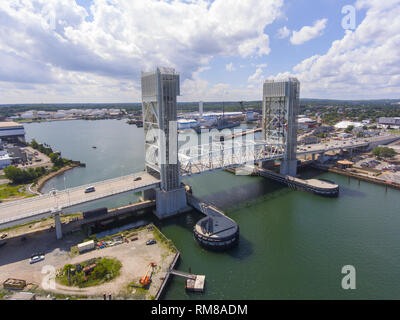 Aerial view of Weymouth Fore River and Fore River Bridge in Quincy ...