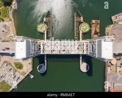 Aerial view of Weymouth Fore River and Fore River Bridge in Quincy ...