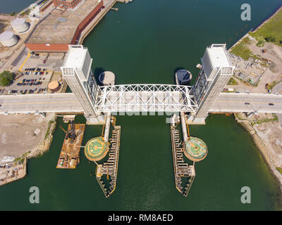 Aerial view of Weymouth Fore River and Fore River Bridge in Quincy ...