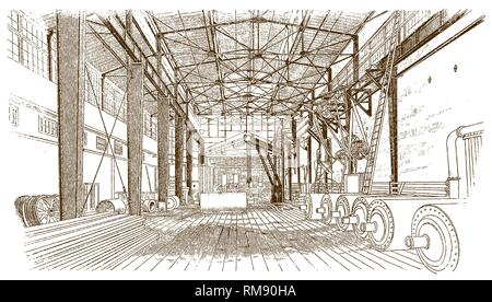 Interior view of a historic machine shop of a factory building with ...