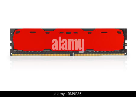 Modern red DDR-4 RAM memory module connector close up. Isolated on white, clipping path included ...