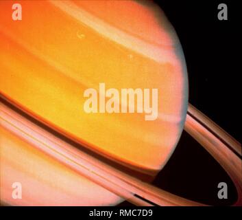 Planet Saturn photographed from the space probe Voyager 1, 1980 Stock ...