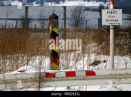 The inner German border with wall, border fence and guard tower between ...
