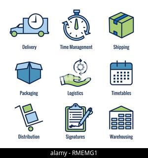 Shipping and Receiving Icon Set w Boxes, Warehouse, checklist, etc ...