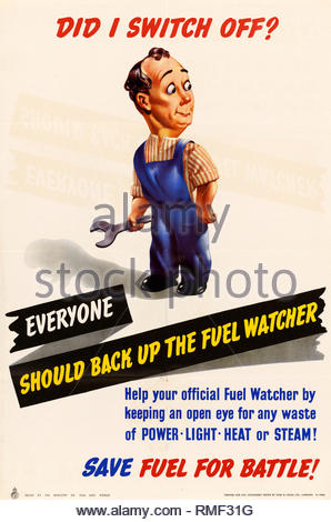 British, WW2 Saving energy poster, The Battle for Fuel: Use less Water ...