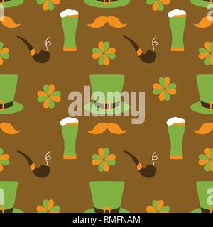 Seamless pattern with clover leaves, mustache, glass of beer, hat ...