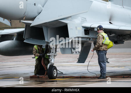 Ground crew conducting a pre-flight check over an RAF Tornado jet ...