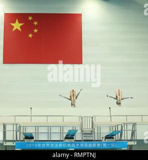 China's Shan Lin and Yani Chang in action in the 3m Synchro Springboard ...