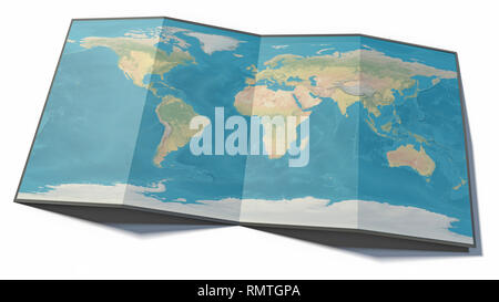 World map drawn on a folded sheet, planisphere leaning on a surface, 3d ...