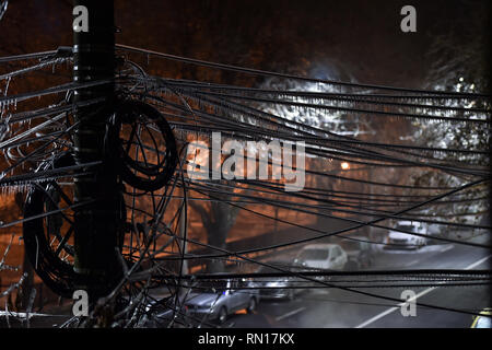Electricity cables covered in ice after frozen rain phenomenon Stock ...
