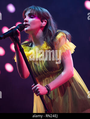 Glasgow, UK. 16 February 2019. Lauren Mayberry from pop band Chvrches ...