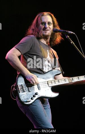 RUSH Canadian rock group with Geddy Lee on 15 June 1984 at The Forum in ...