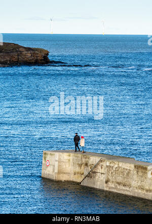 Tynemouth, England, UK - February 4, 2019: People walk dogs while waves ...