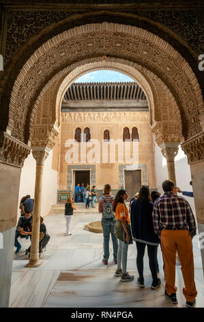 Tourists in the Gilded Room at the Alhambra, a 13th century Moorish ...