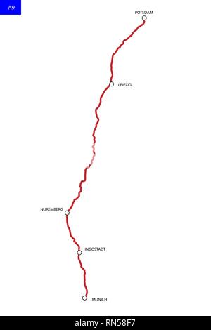 German highway route A9. Bundesautobahn 9. Road map of Germany Stock ...