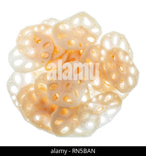 Lotus root (the rhizome of the Sacred Lotus, Nelumbo nucifera), sliced ...