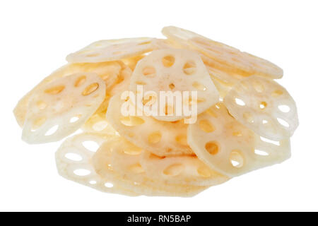 Lotus root (the rhizome of the Sacred Lotus, Nelumbo nucifera), sliced ...