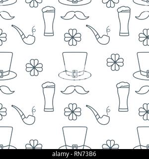 Seamless pattern with clover leaves, mustache, glass of beer, hat ...