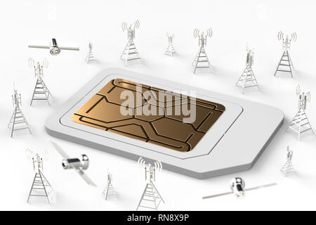Sim card surrounded by network towers and satellites. Blurry closeup ...
