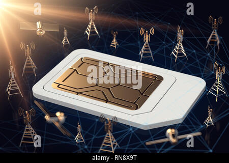 Sim card surrounded by network towers and satellites. Blurry closeup ...