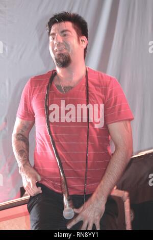 Deftones vocalist Chino Moreno is shown singing for fans during a "live ...