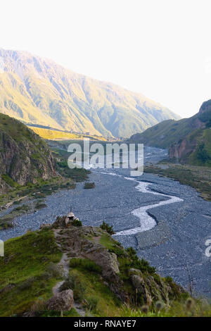 The Terek River flows through the Daryal Gorge. Aerial photography ...