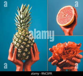 Collage of fresh roses on color background Stock Photo - Alamy