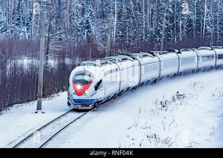 Modern high-speed train approaches to the station at autumn morning ...