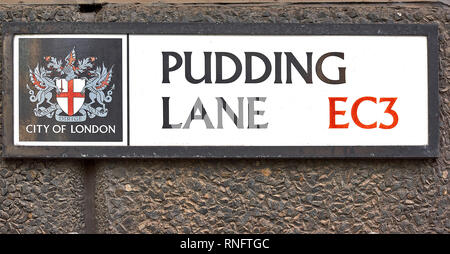 London Street sign for Pudding Lane, where the Great Fire of London ...