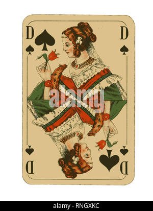 Vintage queen of spades playing card in black and white on a black ...