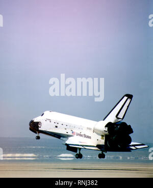 A rear view of the space shuttle orbiter Columbia landing from the ...