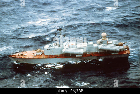 Aerial port beam view of a Soviet Grisha class frigate underway ...