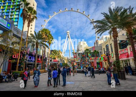 Shops at the shopping street The Linq Promenade, behind The High Roller ...