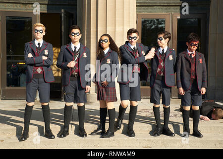 THE UMBRELLA ACADEMY, from left: Cameron Britton, Aidan Gallagher ...