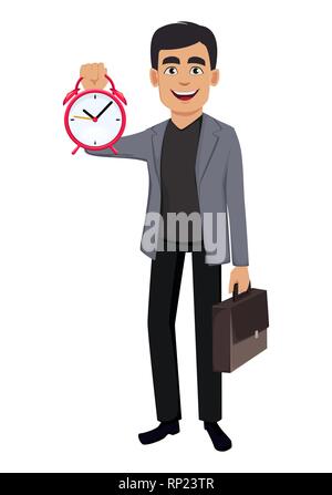Business man holding clock on his hand. Time management concept. Vector ...