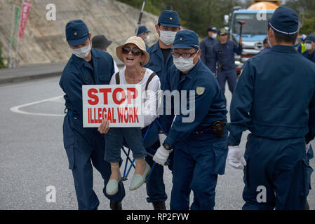 Henoko, Okinawa, Japan. 19th Feb, 2019. Police carry a man away from ...