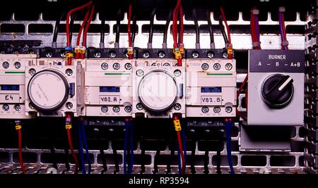 Image shows circuit breakers and electrical contactors. Close-up ...