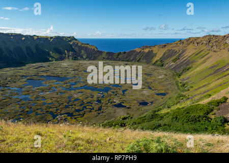 Photograph of the crater of volcano Rano Kau on Rapa Nui, Easter Island ...