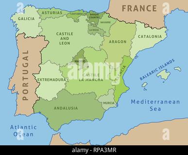 Spain autonomous communities and provinces vector map with neighbouring countries and ...