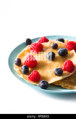 Pancakes with fresh raspberries, on white plate, jam. Table top view ...