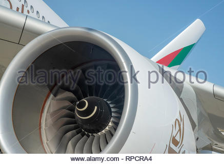 Emirates Airbus A380 jet engine, at Birmingham Airport, UK Stock Photo ...